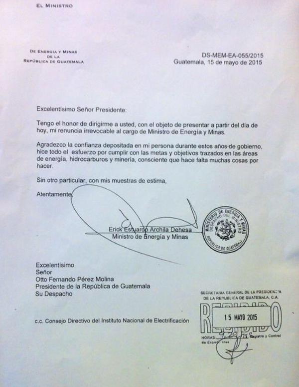 Renuncia Erick Archila Ministro de Energía y Minas